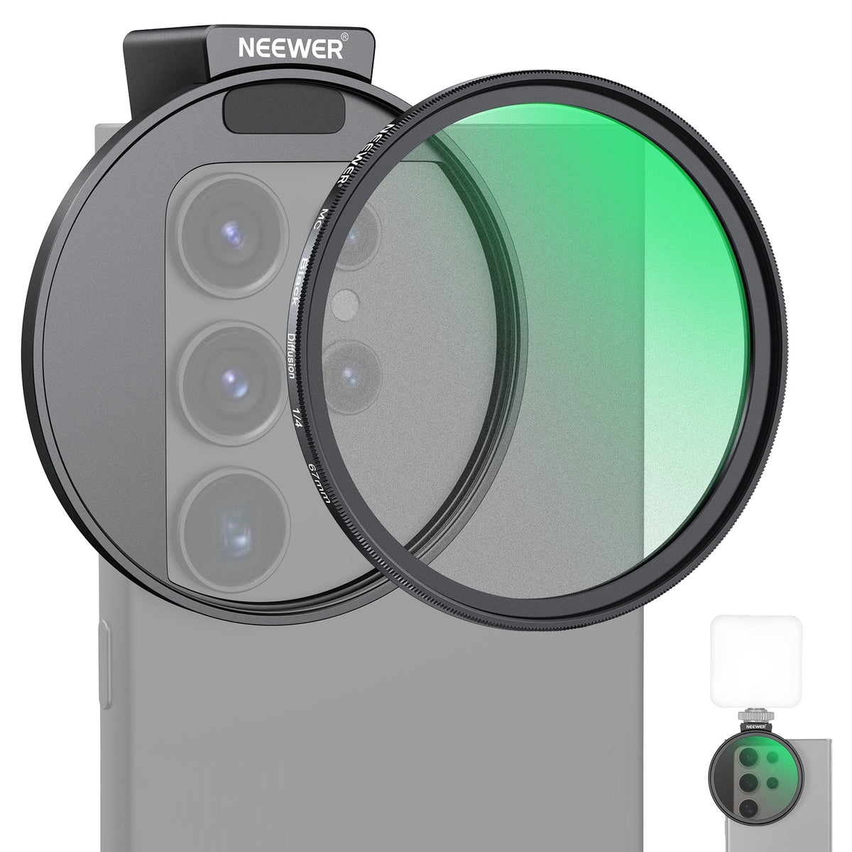 NEEWER FL-88 67mm 1/4 Black Diffusion Filter & Cold Shoe Phone Clip for ...